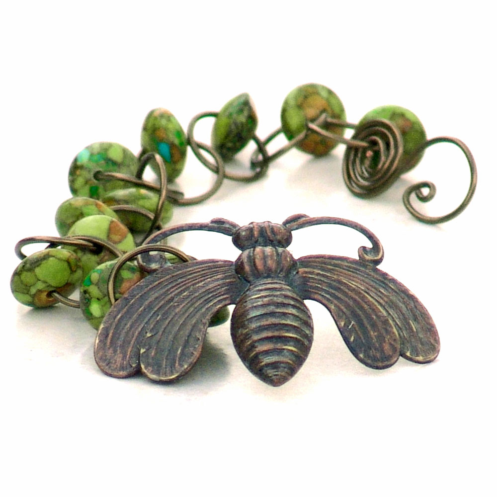 Rustic Bee Bug Stone Bracelet -Green Gemstone Beaded Brass Catherine ...