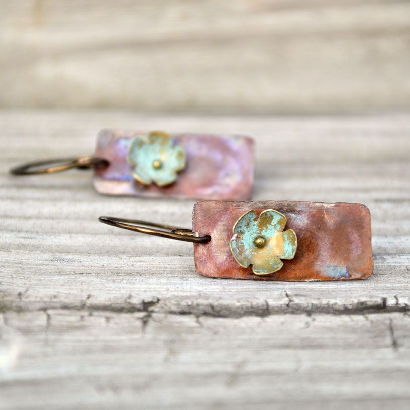 Metalwork Earrings Hand Forged Metal Flower Hammered Copper Open Hoop ...