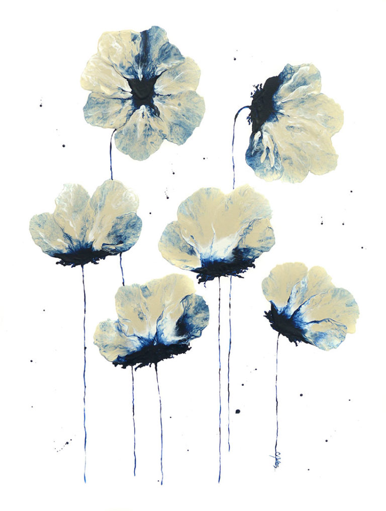 Abstract Flowers Cream & Navy Floral Art on Yupo 26 x 20 - Acrylic on ...